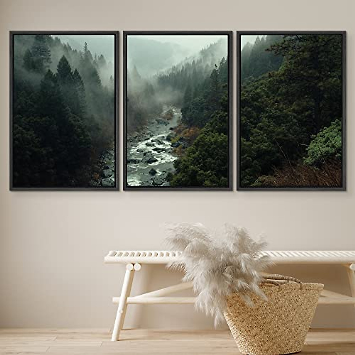 SIGNWIN 3 Piece Framed Canvas Wall Art Woodland Nursery Decor Forest Rivers Canvas Prints Home Artwork Decoration for Living Room,Bedroom - 24"x36"x3 Black