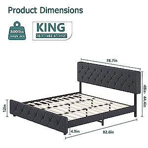KIETLER King Size Bed Frame with Type-C & USB Ports， Adjustable Headboard， Upholstered Platform with Wooden Slats Support, Linen Fabric Wrap No Box Spring Needed, Easy Assembly, Dark Grey