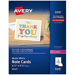 Avery Printable Note Cards, Laser Printers, 60 Cards and Envelopes, 4.25 x 5.5 (5315)