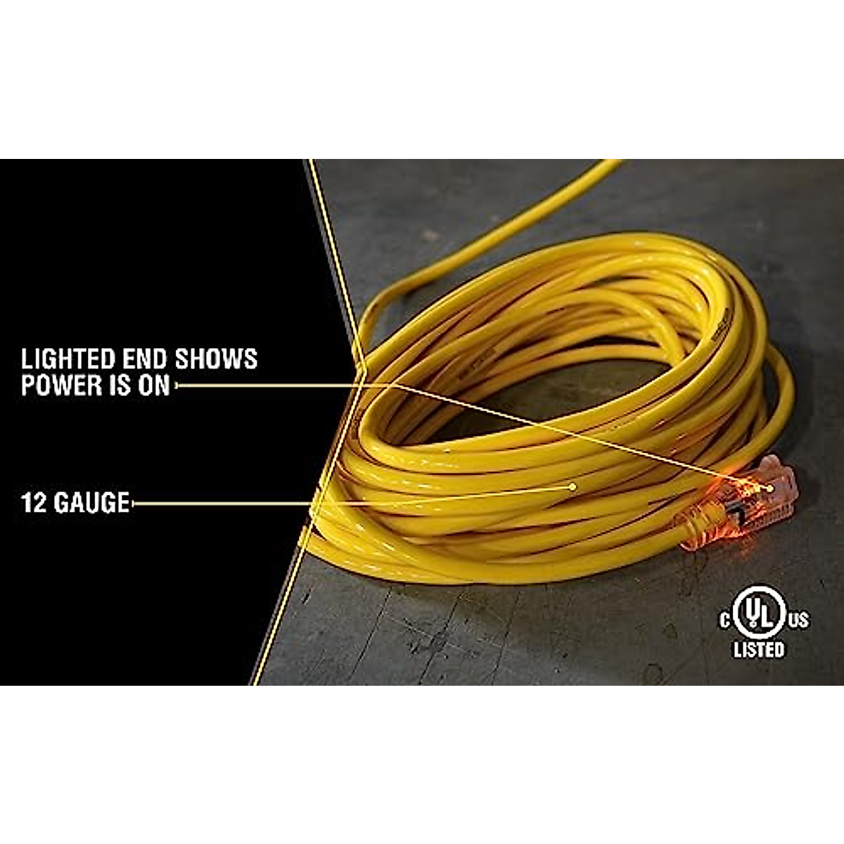 Yellow Jacket 2885 12/3 Heavy-Duty 15-Amp Premium SJTW Contractor Extension Cord with Lighted End, Ideal use With Heavy Duty Equipment and Tools, Durable Molded Plugs, 100 Feet, Yellow