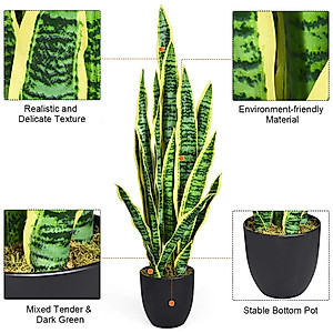 LUARANE 36" Artificial Snake Plant, Lifelike Plastic Fake Sansevieria w/Stable Cement Bottom, 20pcs Realistic Leaves, Vivid Decorative Potted Plant for Home Office Store Garden