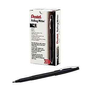 Pentel® Rolling Writer® Pens, Medium Point, 0.8 mm, Black Barrel, Black Ink, Pack Of 12 Pens