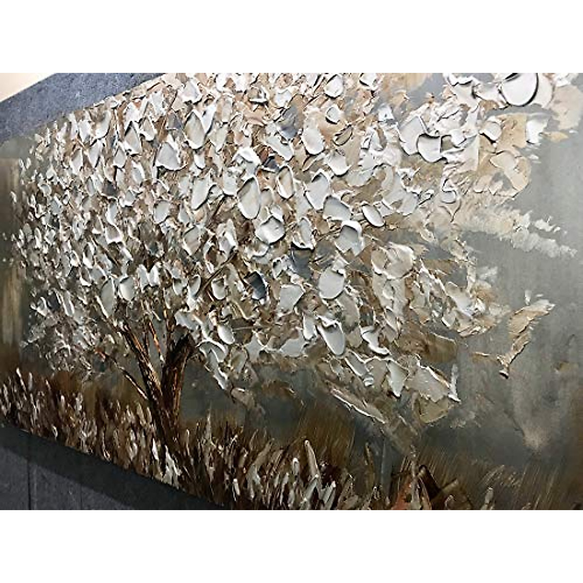 Boiee Art,24x48Inch Textured Hand Painted Canvas Paintings Silver Leaves Abstract Tree 3D Oil Paintings Landscape Artwork Modern Home Decor Wall Art Wood Inside Framed Hanging Wall Décor