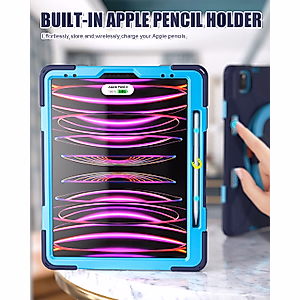 BRAECN for iPad Air 13 Inch Case M2 (2024), iPad Pro 12.9 (2022/2021, 6th/5th/4th/3rd Gen), Heavy Duty Shockproof Cover with Pencil Holder, Rotating Handle Grip, Stable Kickstand, Shoulder Strap, Navy