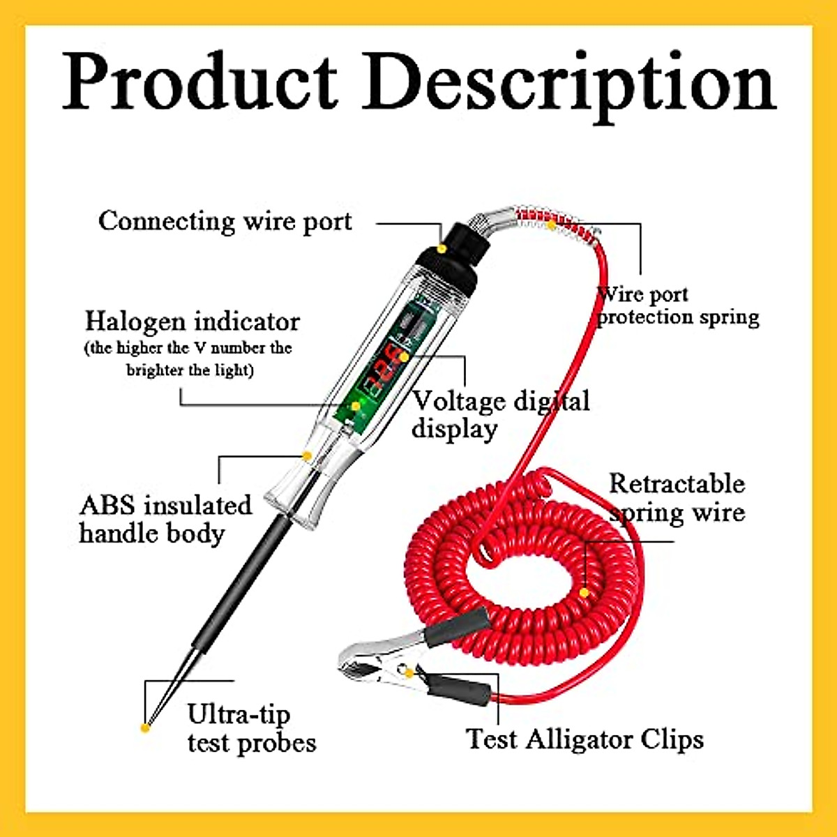Automotive Test Light, 3-24V DC Digital Light Tester with Voltmeter, Test Light with Extended Spring Wire, Heavy Duty Auto Circuit Tester, Automotive Fuse Tester for Various Vehicles