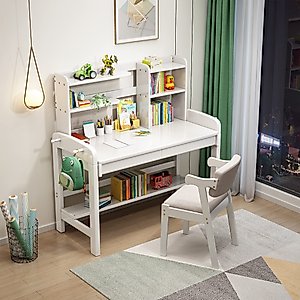 BALANBO Kids Table Kids Desk and Chair Set with Drawer and Bookshelf Wooden Children’s Media Desk Student's Study Computer Workstation and Writing Table (Brown)