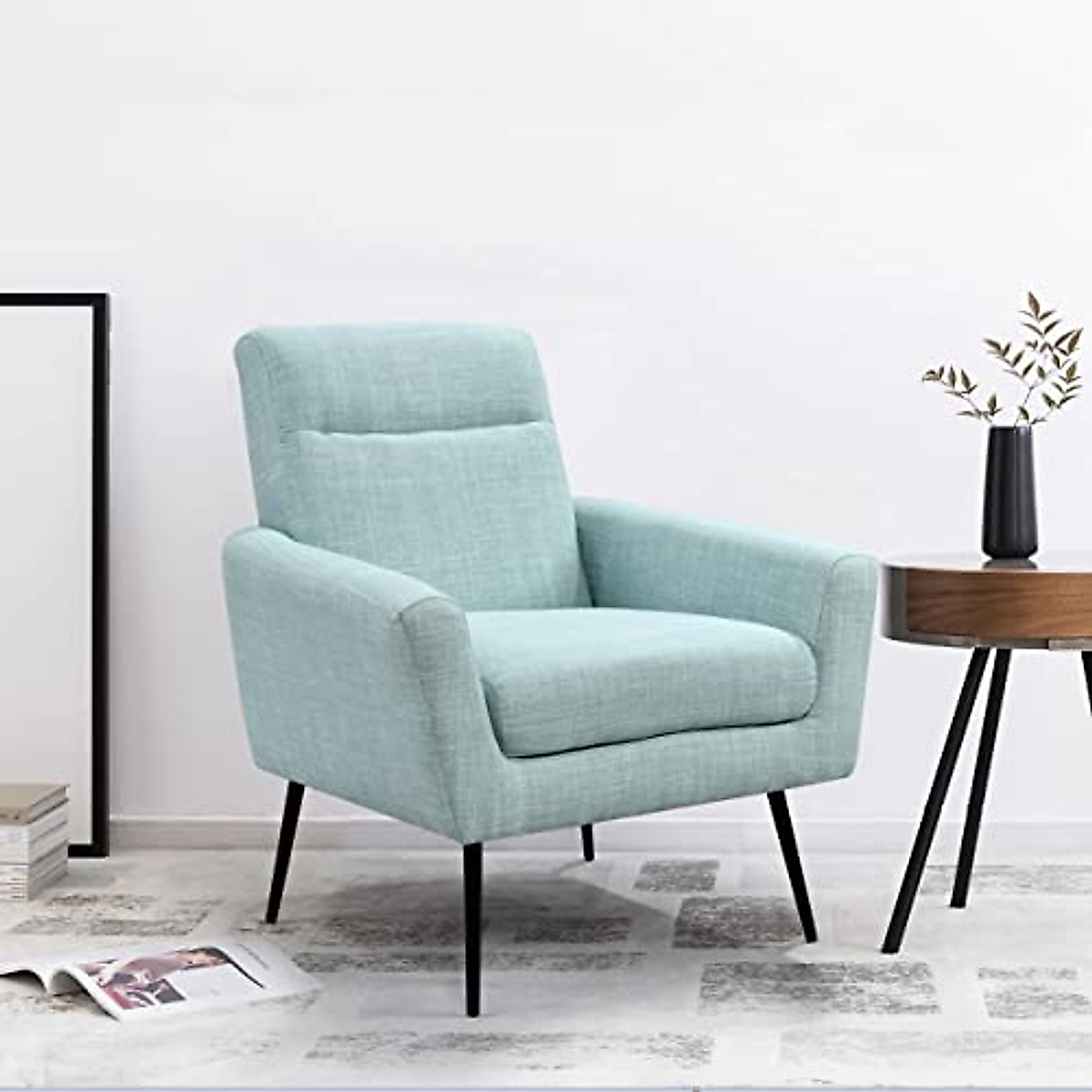 Tiokop Mid Century Modern Upholstered Fabric Accent, Living Room, Bedroom Leisure Single Sofa (Metal Legs),TV armrest seat,Suitable for Small Space Home,Office,Coffee Chair,Light Blue