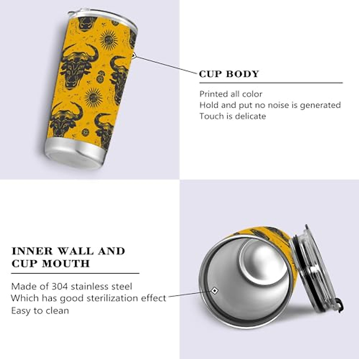 Carnival Buffalo Pattern Safari Yellow Stainless Steel cup for hot drinks Leak-proof Lid and Straw mug spill proof leak proof for Water Aesthetic tumblers with lids and straws 20 OZ