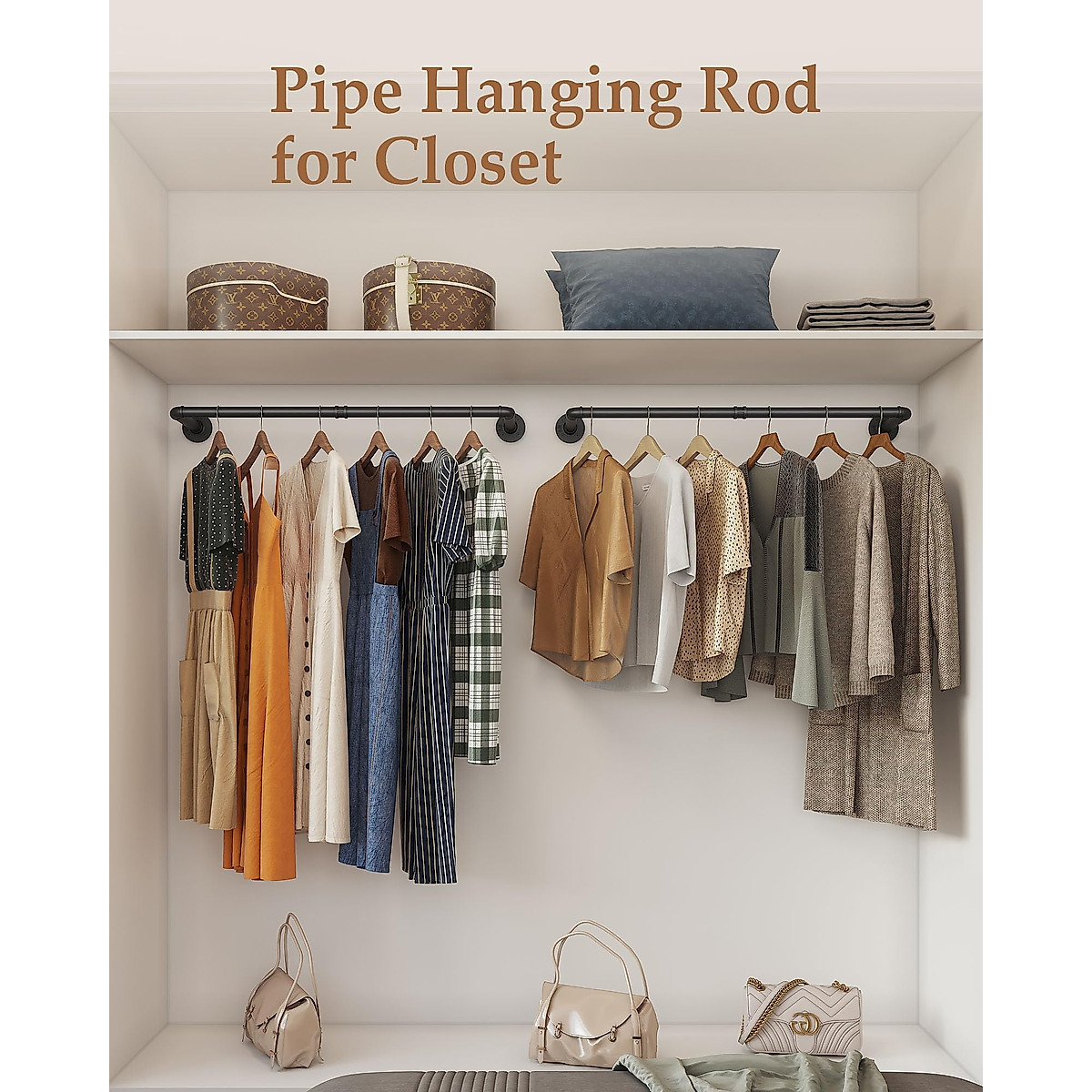 Bodato Industrial Clothing Rack 38.4'' for Wall 2 Pack, Heavy Duty Pipe Clothes Rack Wall Mounted for Hanging Clothes Garment, Closet Rod Hanging Bar for Walk-in Closet