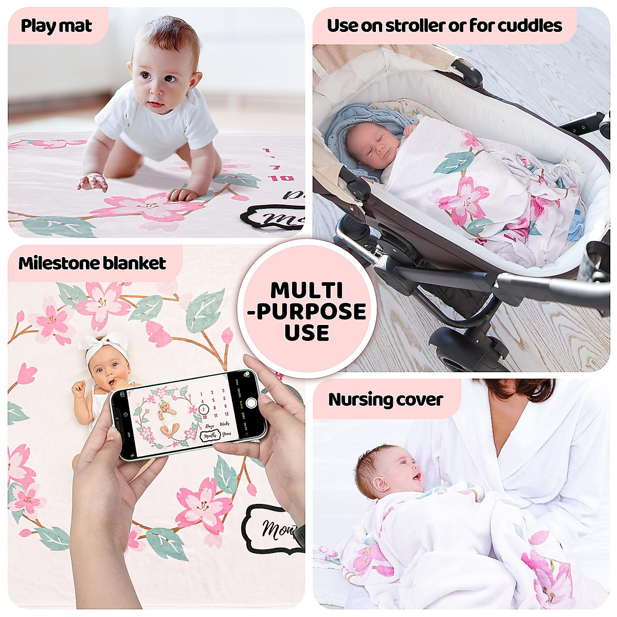 Baby Monthly Milestone Blanket Floral, First 12 Months Baby Milestone Blanket for Baby Girl, for Newborn Girls, Newborn Essentials Photo Blanket for Age and Growth 40x50