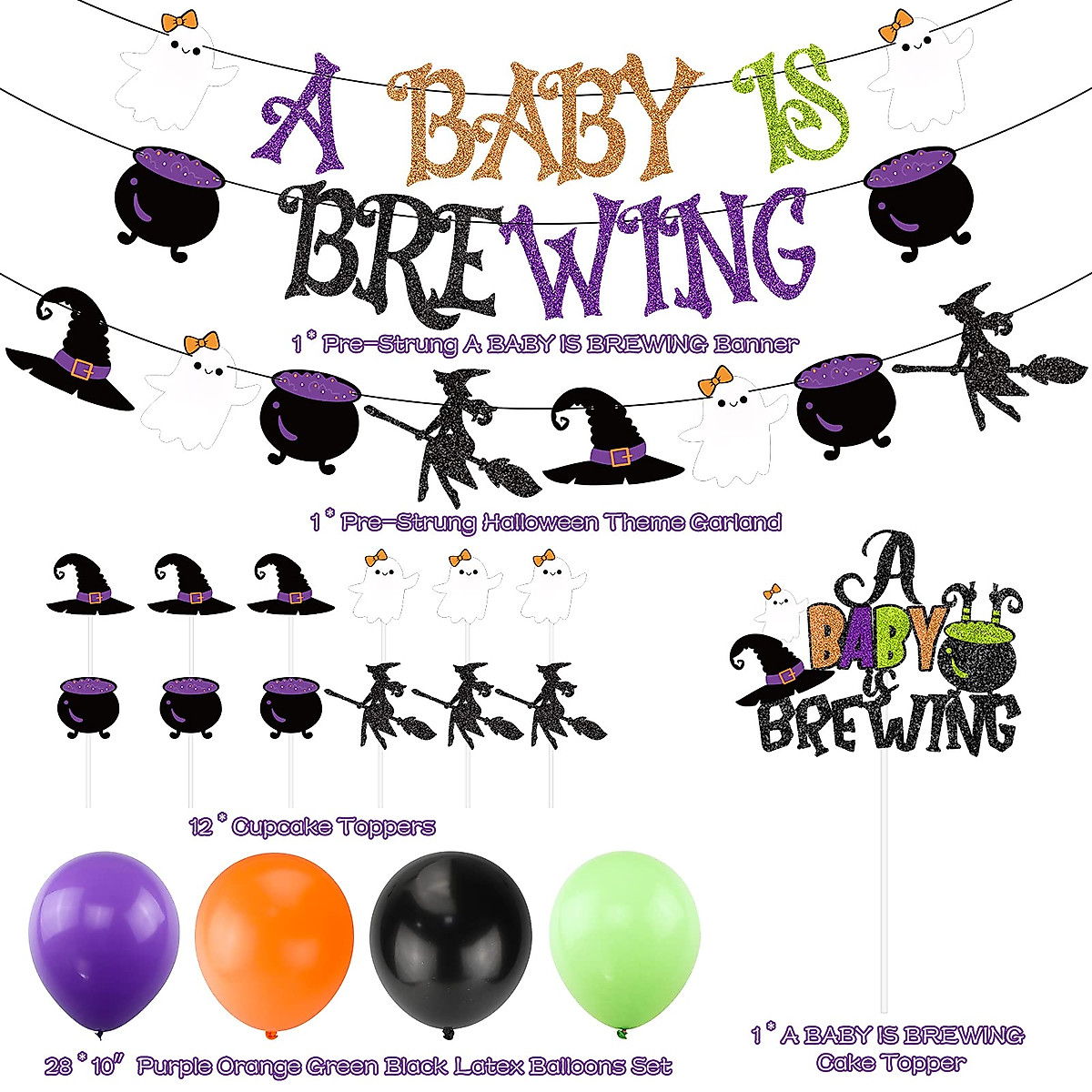 Halloween Baby Shower Decorations, Halloween A Baby is Brewing Banner Garland Halloween Cake Topper Balloons Set for Boy Girl Halloween Baby Shower Pregnancy Celebration Gender Reveal Party Supplies