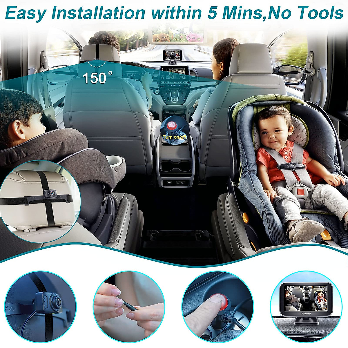 DoHonest Baby Car Mirror HD 1080P 5'' Monitor Infrared Night Vision Back Seat Infant Camera Rear Facing Carseat Wide View S04