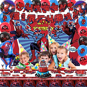 Birthday Party Decorations - 203Pcs Party Favor include Banner Tablecloth Cake Topper Cupcake Topper Ballons Tableware, Birthday Party Supplies