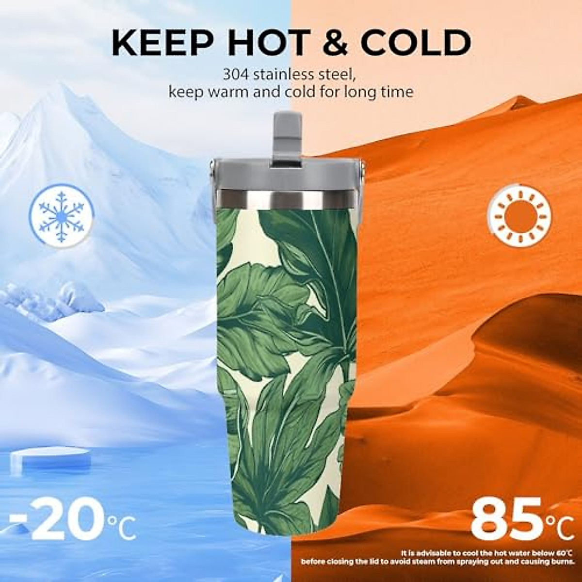 WITHSBKK 30oz Car Cup Green Foliage Botanical Printed with Portable, Stainless Steel Travel Mug, Vacuum Insulated Tumbler And Straw, Leakproof for Car & Outdoor, UV Printed Design
