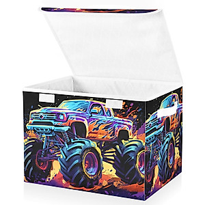 Vnurnrn Neon Monster Truck Storage Cube with Lid Collapsible, Large Capacity Foldable Storage Basket Bin Organizer 16.5×12.6×11.8 IN