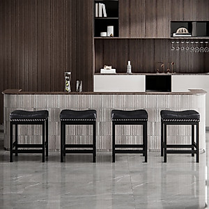 OUllUO Black Bar Stools Set of 2, Counter Height Bar Stools, Saddle Barstools, Pu Leather Stools with Metal Frame for Kitchen Island, 918P-BK