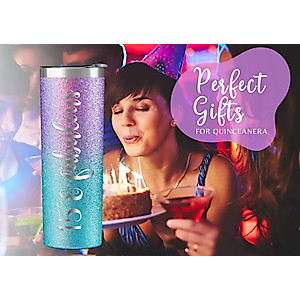 Quinceanera Gifts, 15 Year Old Girl Gifts for Birthday, 15th Birthday Gifts for Girls, Female, Her - 20oz/590ml Stainless Steel Insulated Tumbler with Straw, Lid - 15 & Fabulous Glitter Purple Blue