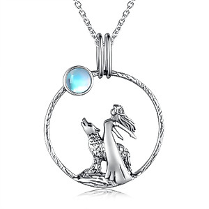 SVODEA Moonstone Wolf Necklace for Women 925 Sterling Silver Created Cubic Zirconia Moon Wolf Pendant Necklaces Animal Wolf Jewelry Gifts for Women Wife (Style-2)
