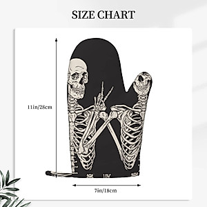 Silicone Heat Resistant Oven Mitts Set, Halloween Human Skull Skeleton Best Friend Waterproof Non-Slip Thick Gloves for Kitchen BBQ Cooking Grilling Baking, Sets of 2, 11 in