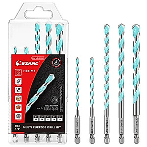 EZARC 5PC Carbide Drill Bit Set, Multi-Purpose Hex Shank Drill Bit for Metal, Masonry, Wood, Block, Brick and Plastic