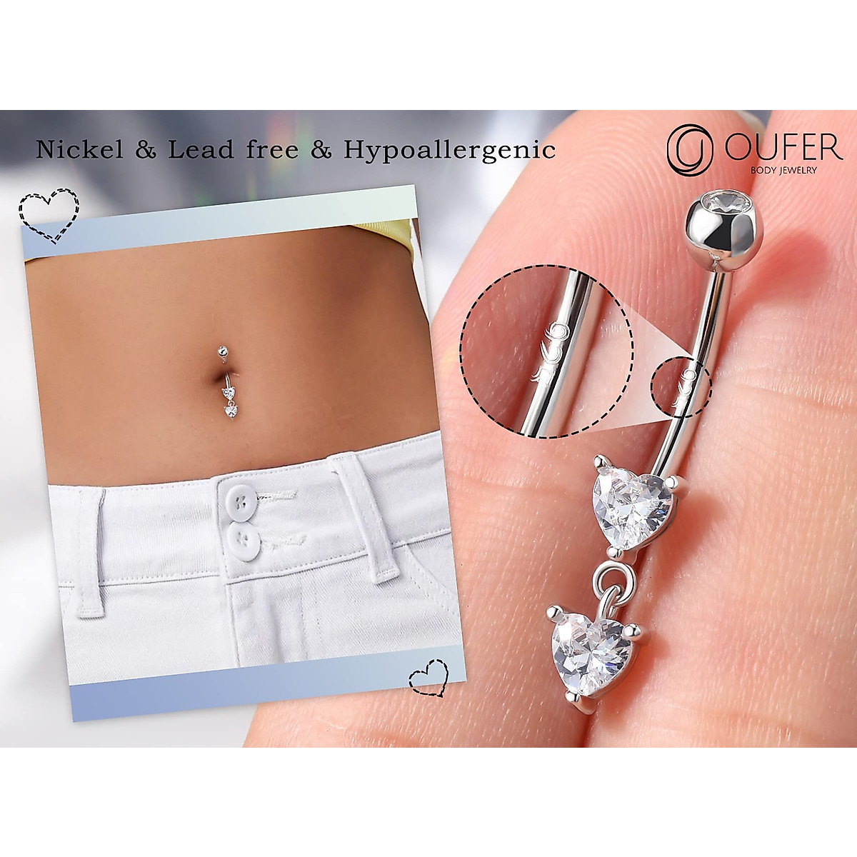 OUFER 14G Belly Rings, Dangle Belly Button Ring, 925 Sterling Silver Heart Belly Piercing Jewlery, Clear CZ Navel Piercing Jewelry for Women Men