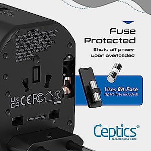 Ceptics Universal Adapter - World Power Charger Wall Charger 2 USB Type I C G A Outlets All in One 110V 220V A/C - Works in Europe, Asia, Australia, China, Africa (UP-8KU-BLK)