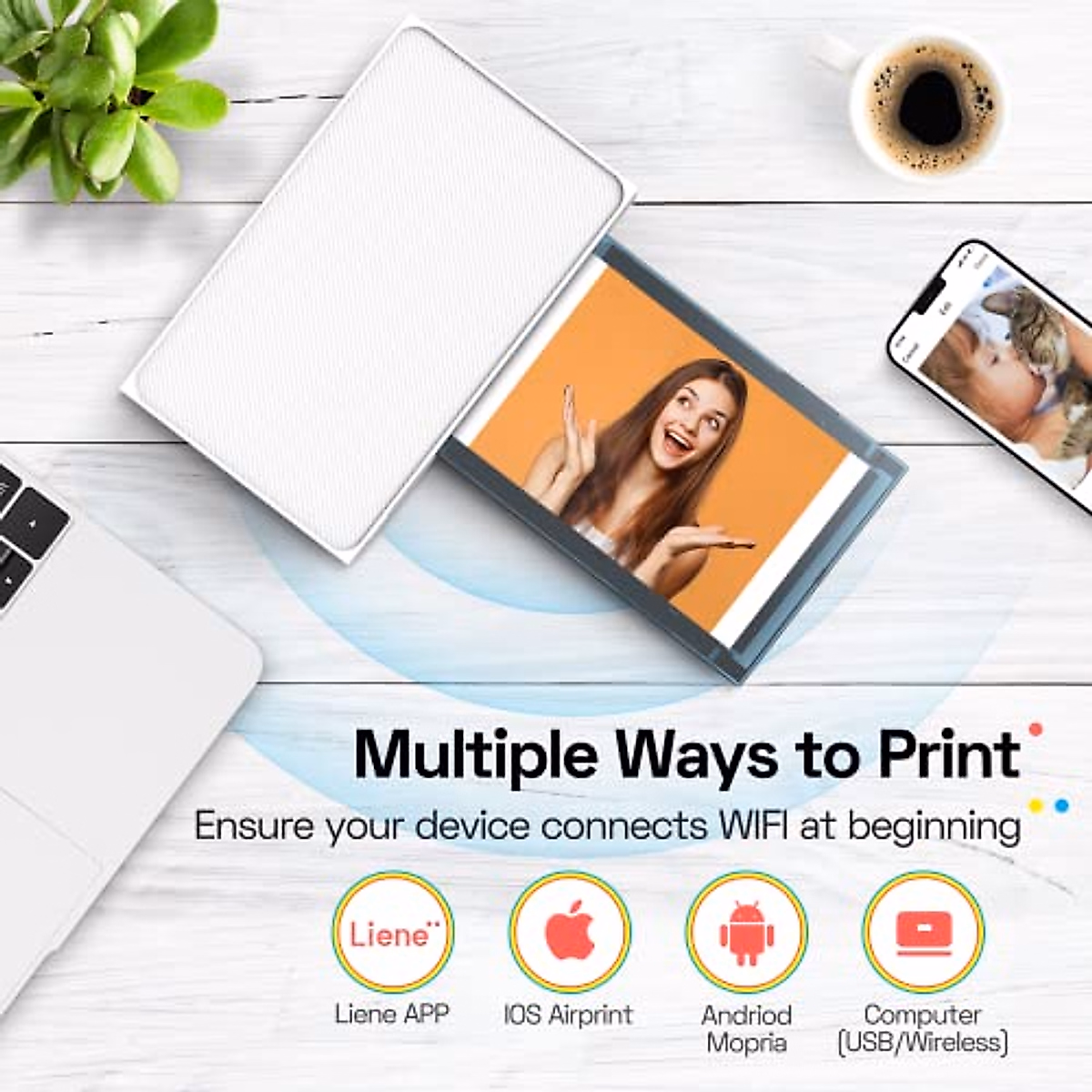 Liene 4x6'' Instant Photo Printer (Battery Edition) Bundle, 60-sheet, 2 Ink-Cartridge, Wireless Photo Printer for iPhone, Smartphone, Android, Computer, Dye Sublimation, Photo Printer for Travel, Home