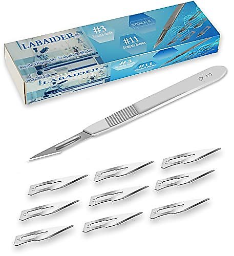 Surgical Grade Blades #11 10pcs Sterile with #3 Scalpel Knife Handle for Biology Lab Anatomy, Practicing Cutting, Medical Student, Sculpting, Repairing