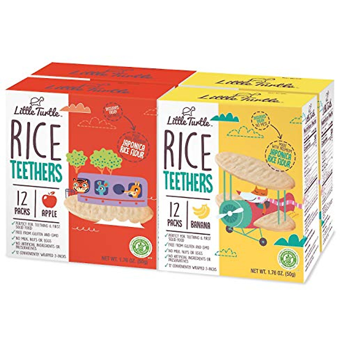 Little Turtle Rice Teethers Combo Pack, Apple & Banana Flavor, 12 wrapped 2 Pack, 4 Count