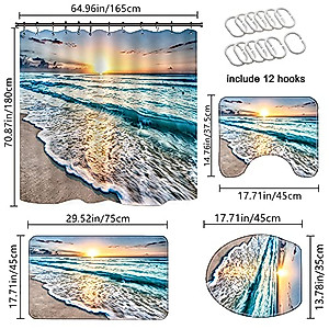NMPPTM 4 Pcs Shower Curtain Set Beautiful Sunrise Over Sea Beach Sunny Sunset Marine Natural with Non-Slip Rugs Toilet Lid Cover and Bath Mat Bathroom Decor Set