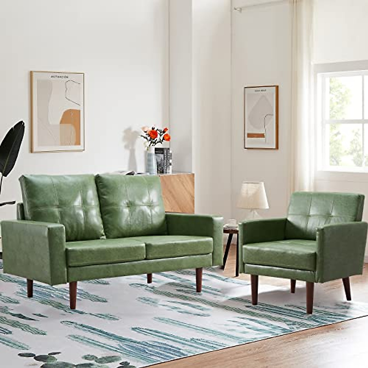 Loveseat Sofa Couch, Pu Leather Modern Couch For Living Room With High-Density Foam Cushion, Accent Love Seat Sofa With Spacious Seat Comfy Futon Couch With Solid Wood Legs For Bedroom, Office (Green)