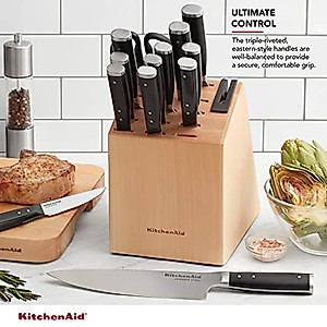 KitchenAid Gourmet 14 Piece Forged Triple Rivet Knife Block Set with Built in Knife Sharpener, High Carbon Japanese Stainless Steel Kitchen Knives, Sharp Kitchen Knife Set with Block, Birchwood