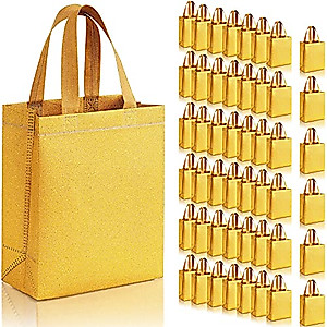 48 Pack Reusable Bags for Gifts Metallic Tote with Handles Glitter Gift Bags Bling Non Woven Bags for Weddings Birthday Party Favor Grocery Bridesmaids Easter (Gold, 6.5 x 3.1 x 7.8 Inch)