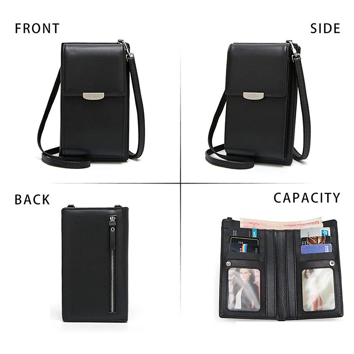 Small Crossbody Bag Long Cell Phone Purse Bag Wallet with Credit Card Slots Women Student Diagonal Wallet Multi-function Shoulder Bag (Black)