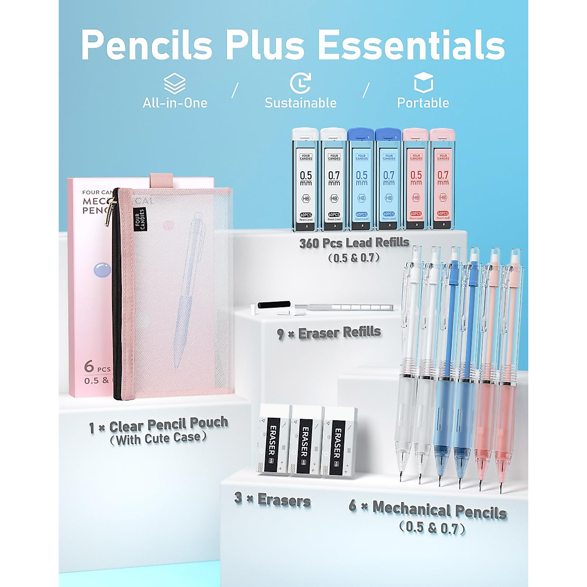 Four Candies Mechanical Pencil Set with Case, 6PCS Aesthetic Mechanical Pencils 0.5 & 0.7mm with 360PCS HB Lead Refills, 3PCS Erasers, 9PCS Eraser Refills for writing, drawing and sketching