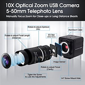 SVPRO 8MP USB Webcam 10X Optical Zoom USB Camera with 5-50mm Manual Lens,Sony IMX179 Sensor Zoomable UVC Computer Camera High Definition Web Camera for Laptop Windows Android Linux MacOS