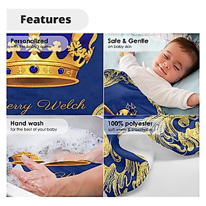 Yeshop Personalized Baby Blanket Blue Golden Crown Custom Nursery Swadding Blankets 30x40 Inches for Baby Boy Girl with Name Baby Shower Birthday Gift
