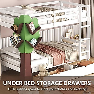 Altillo Twin Over Twin Bunk Bed with a Tree Decor and Two Storage Drawers, Wooden Twin Bunk Beds for Teens/Adults, Low Bed Frame Bedroom Furniture with Safety Guard Rails, No Box Spring Required