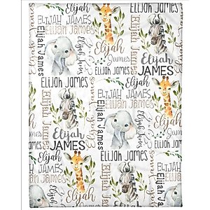 Personalized Baby Boy Blanket, Custom Name Boy Blanket, Safari Animal Print Blanket, Baby Name Repeat Blanket, Elephant Giraffe Ze King