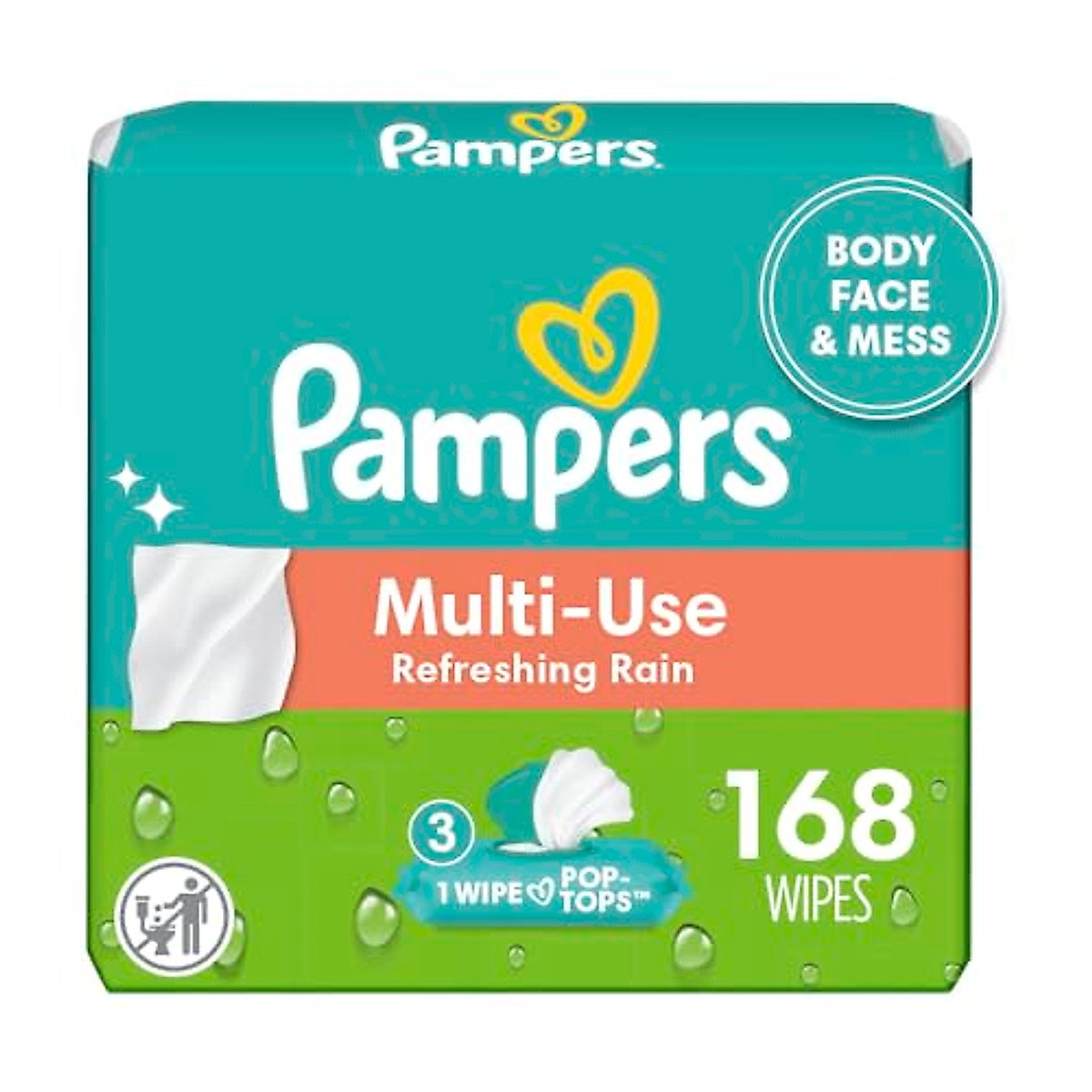 Pampers Baby Wipes Multi-Use Refreshing Rain 3X Pop-Top Packs 168 Count