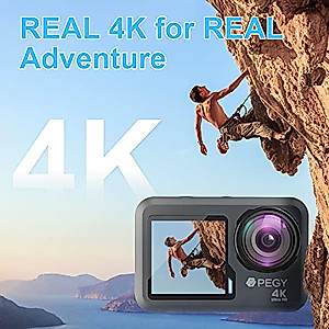 PEGY Dual Screen 4K Action Camera 60FPS 65ft Sports Camera,Underwater Camera for Snorkeling,6 Axis EIS,WiFi Touch Screen with 2 Batteries,32GB Memory Card,Helmet Mounting Accessories