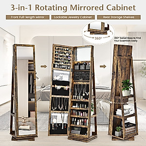 COSTWAY 360 Rotating Jewelry Armoire Cabinet, Standing Jewelry Organizer w/Full-Length Mirror & Large Storage Space, Lockable Mirror Jewelry Cabinet for Girls Women (Rustic Brown)