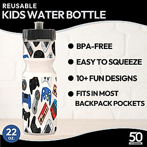 Kids Sports Squeeze Water Bottle 2 Pack - 22 oz. BPA Free Sport Bottle W/ Easy Open Push/Pull Cap - Durable Bottles Perfect for Boys & Girls, School & Sports - Made in USA (Video Games & Soccer)