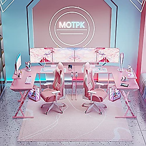 MOTPK Pink Gaming Desk L Shaped, 51 Inch Gamer Desk Gaming Table with Carbon Fiber Texture, Corner Computer Desk L Shape with Monitor Stand & Cup Holder & Headphone Hook, for Women & Girls Gift