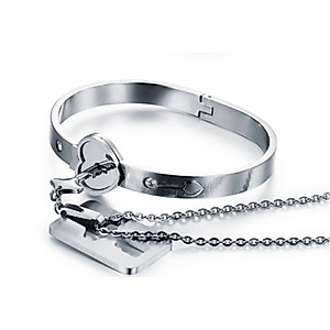 Naivo Romantic Stainless Steel Bracelet Love Heart Lock Bangle Key Pendants Necklace Lovers Jewelry set (Steel color)
