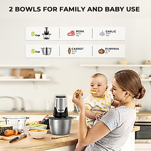 Syvio Food Processors with 2 Bowls, Meat Grinder 4 Bi-Level Blades, Mini Electric Food Chopper 400W, for Baby Food, Meat, Onion, Vegetables, 2 Speed, 8 Cup and 5 Cup