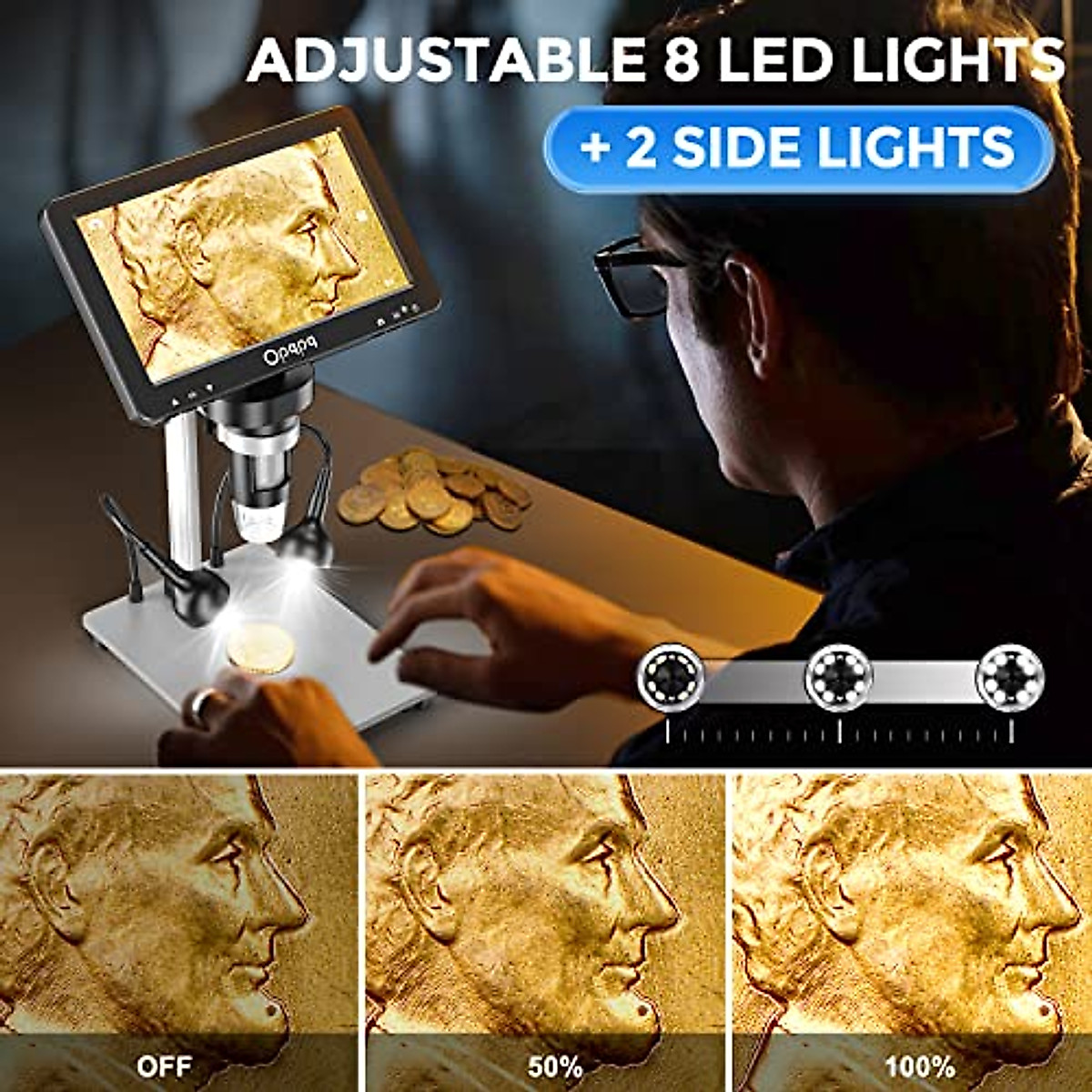 Opqpq LCD Digital Microscope 1200X, 7'' Coin Microscope for Error Coin, 1080P Soldering Microscope with 12MP Camera Sensor, Microscope for Adult with 10 LED Lights, Wired Remote, Windows/mac PC View