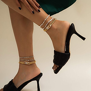 Impurain Bling Tennis Anklet Bracelet for Women Layered Link Chain Anklet Beach Shiny Rhinestone Ankle Jewelry (3-layer Gold)