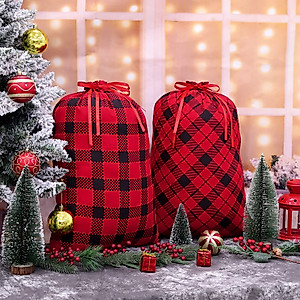 MIMIND 6 Pieces Christmas Drawstring Gift Bags Large Cotton Fabric Gift Bag 17.7 x 23.6 Inch Red and Black Buffalo Plaid Drawstring Bag Xmas Santa Sack Christmas Party Favor Bags with 24 Tag