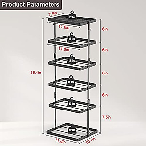 Shoe Rack Shoe Organizer for Plus Size Shoes, Modern Free Standing Shoe Shelf with Hooks, Sturdy Space Saving Metal Shoe Storage Vertical Narrow Shoe Stand for Entryway Closets, 6 Tiers Black